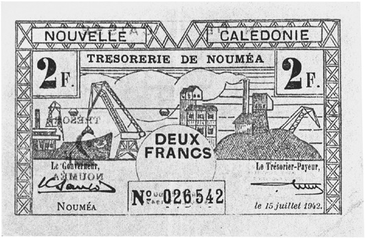 1942 New Caledonia 2 Francs values and price guide