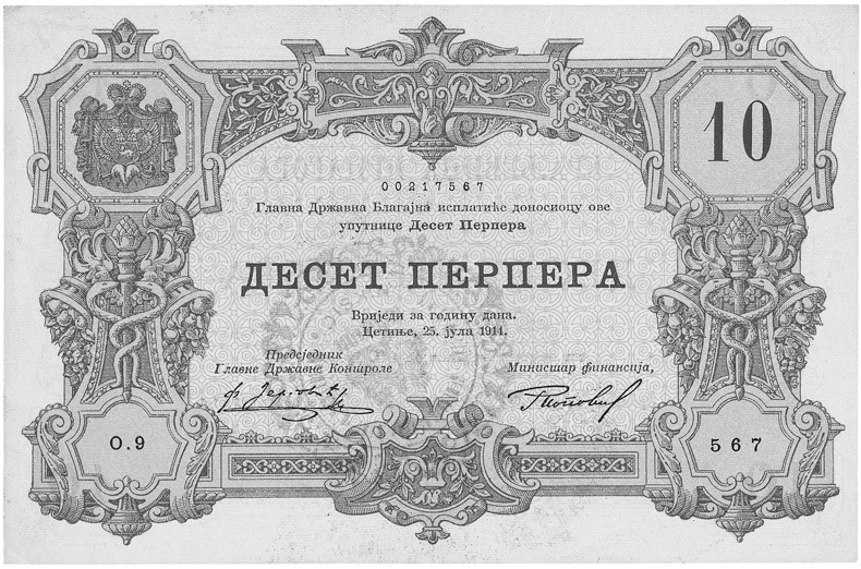 1914 Montenegro 10 Perpera values and price guide