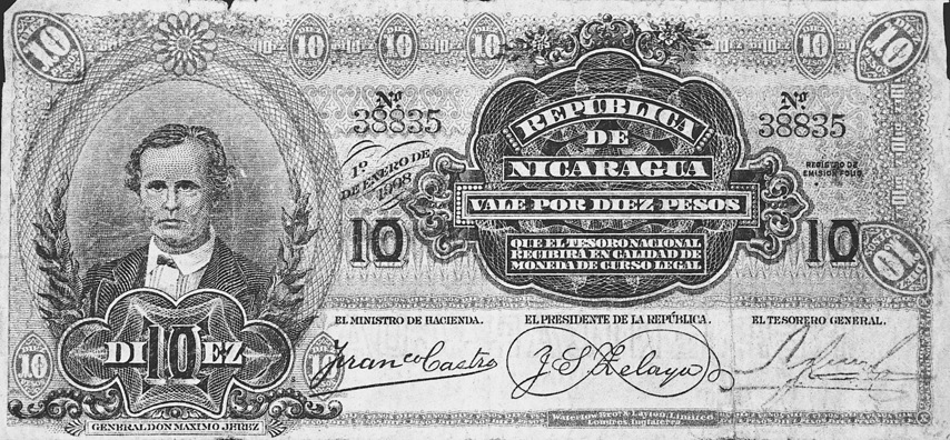 1908 Nicaragua 10 Pesos values and price guide