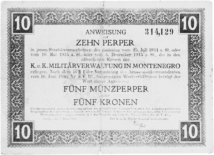 1917 Montenegro 10 Perper = 5 Münzperper = 5 Kronen values and price guide