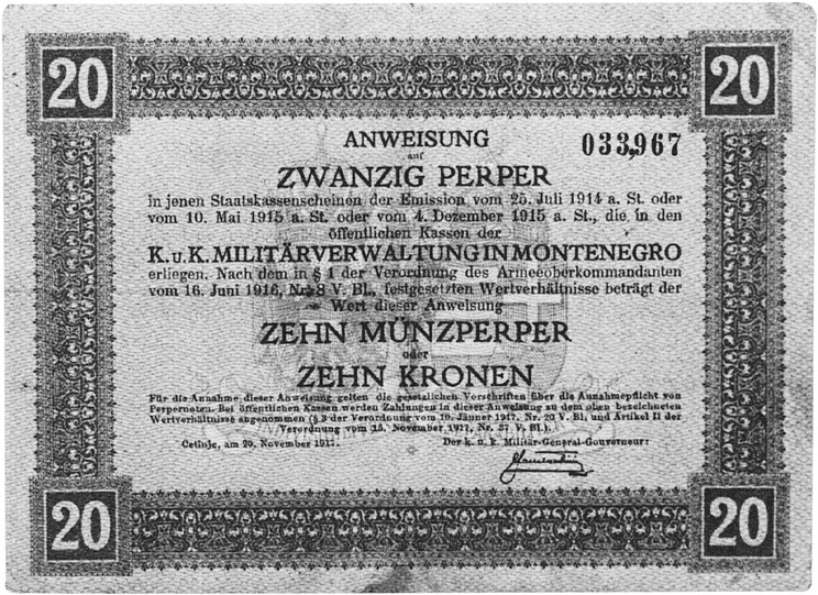 1917 Montenegro 20 Perper = 10 Münzperper = 10 Kronen values and price guide