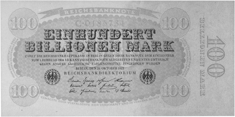 1923 Germany 100 Billionen Mark values and price guide