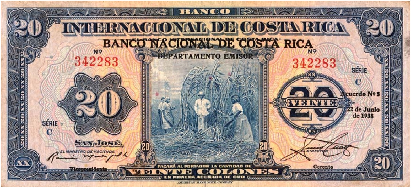 1937-1938 Costa Rica 20 Colones values and price guide