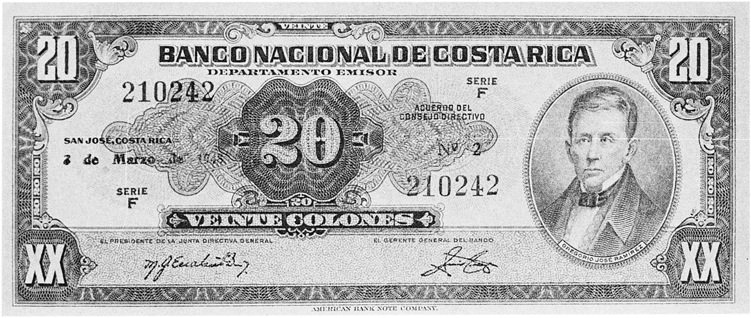 1945-1948 Costa Rica 20 Colones values and price guide