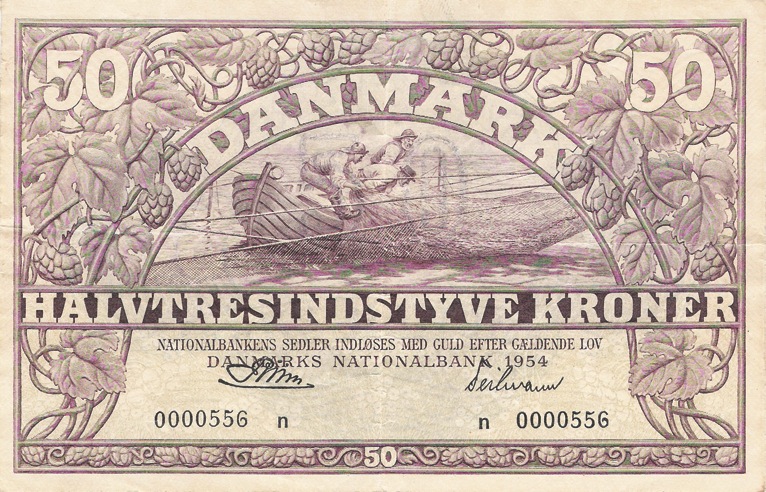 1944-1955 Denmark 50 Kroner values and price guide