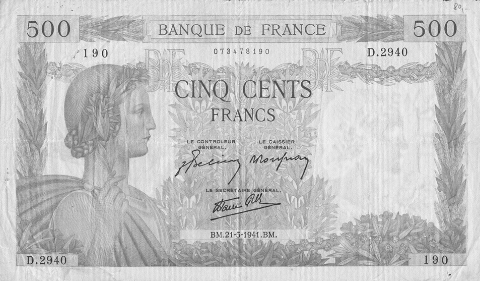 1940-1945 France 500 Francs values and price guide