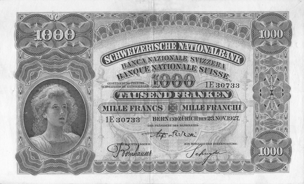 1927-1955 Switzerland 1000 Franken values and price guide