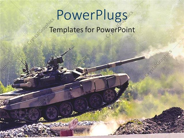 PowerPoint Template: Armoured army tank driving fast and shooting on a ...