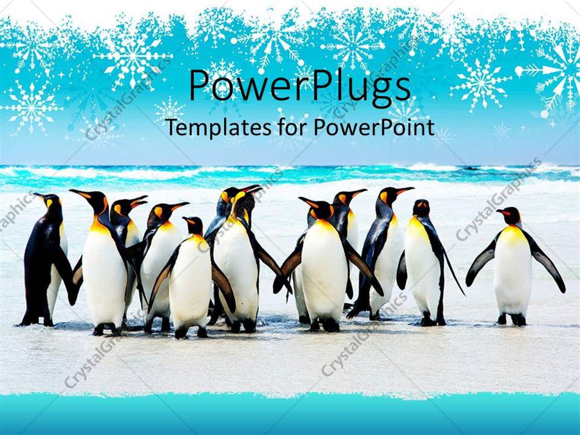 PowerPoint Template: group of penguins on an icy background with falling snowflakes (18262)
