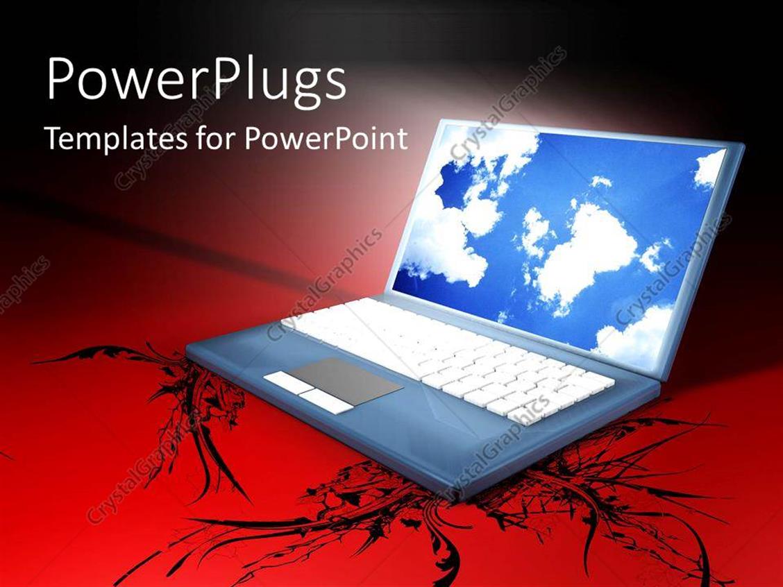 PowerPoint Template: Laptop with blue cloud sky on screen, red and ...