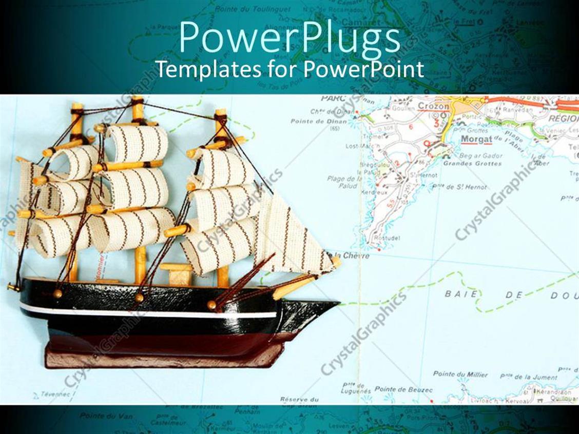 PowerPoint Template: Large sailing ship with multiple sails with map in ...
