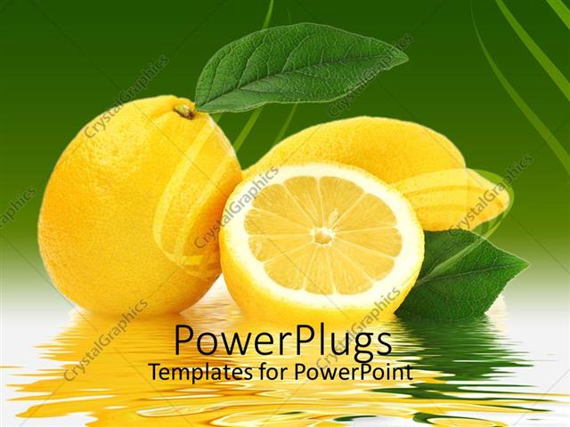 PowerPoint Template: Lemons with leaves with water reflection on green ...