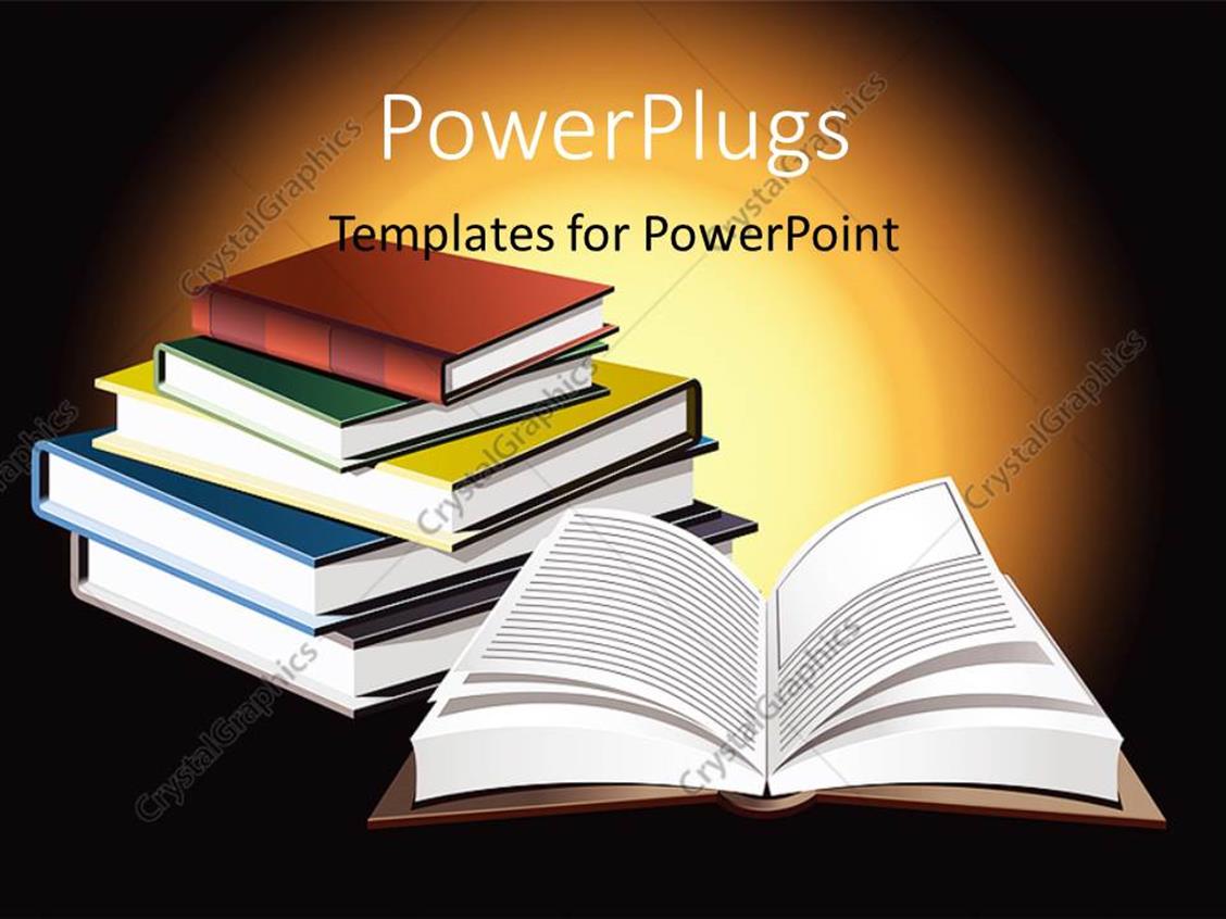 PowerPoint Template: Opened book in front of pile of many colored books ...