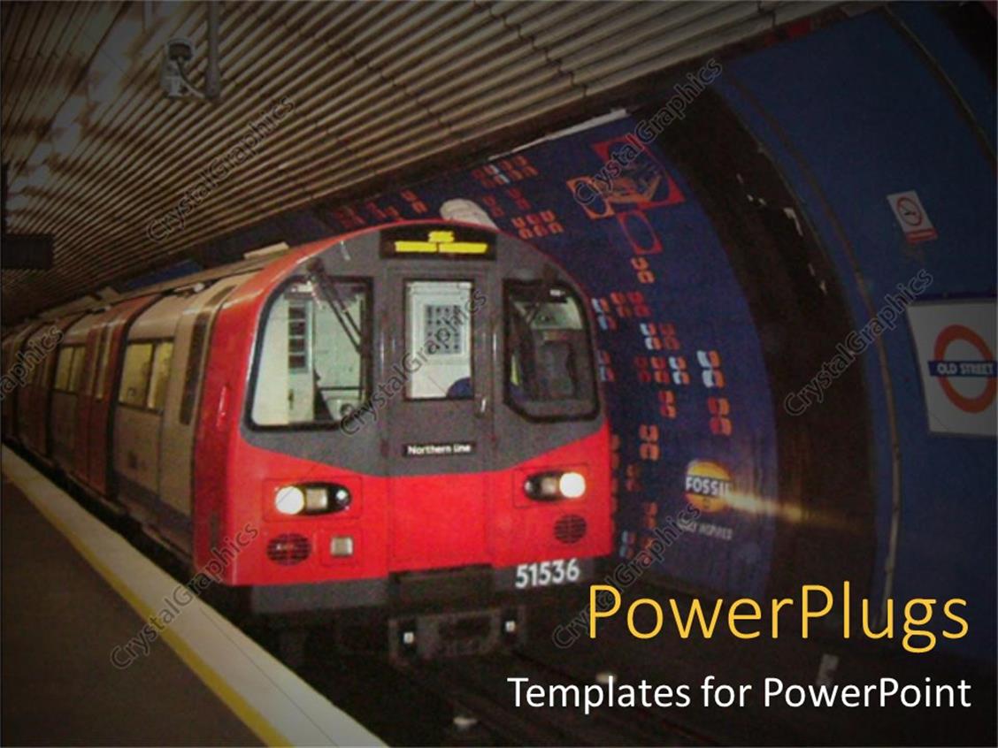 PowerPoint Template: Red colored moving train in a tunnel train station ...