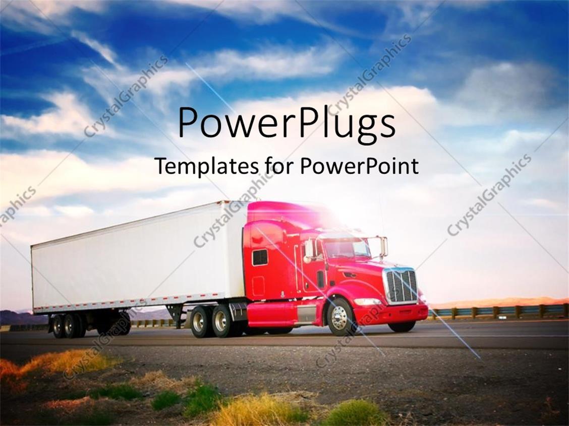 PowerPoint Template: Red truck on highway with blue cloudy sky (30181)