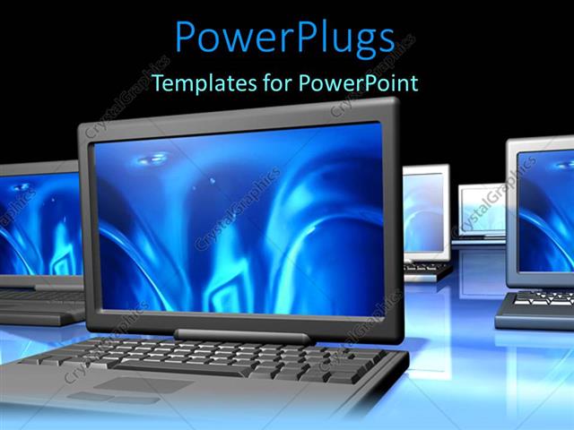 PowerPoint Template: Rows of open laptops showing blue screen savers (7997)