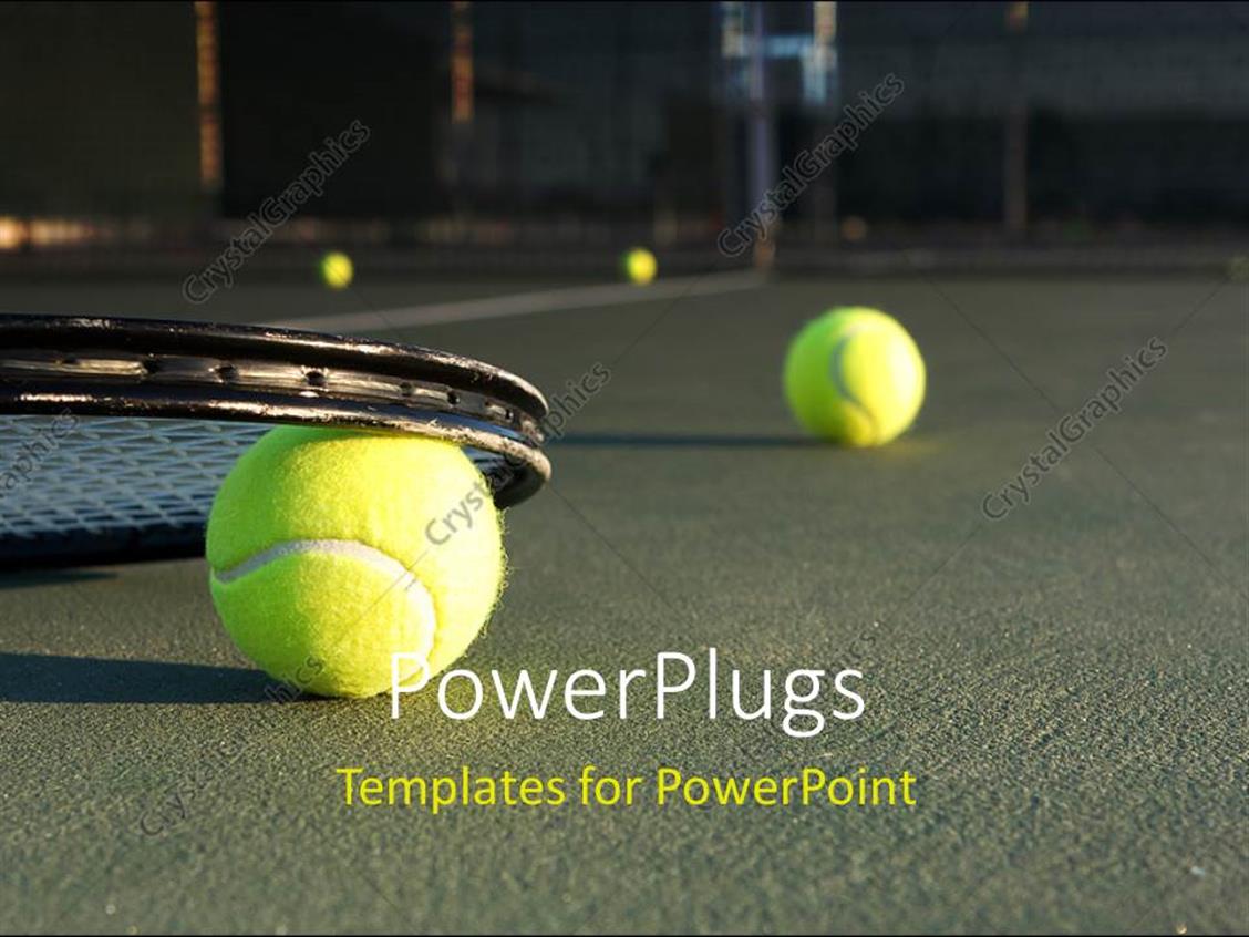 PowerPoint Template: Tennis Balls and Racket on the Court (29304)