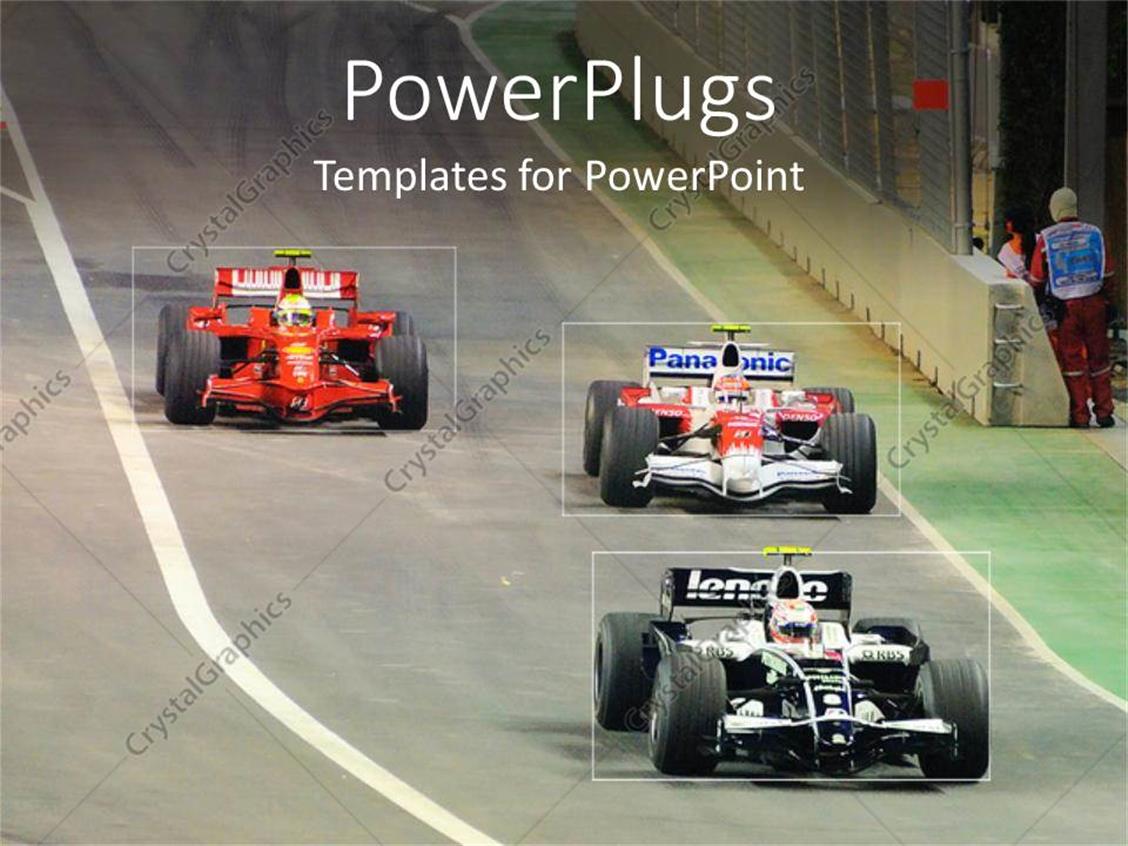 PowerPoint Template: Three fast race cars speeding down a race ground ...