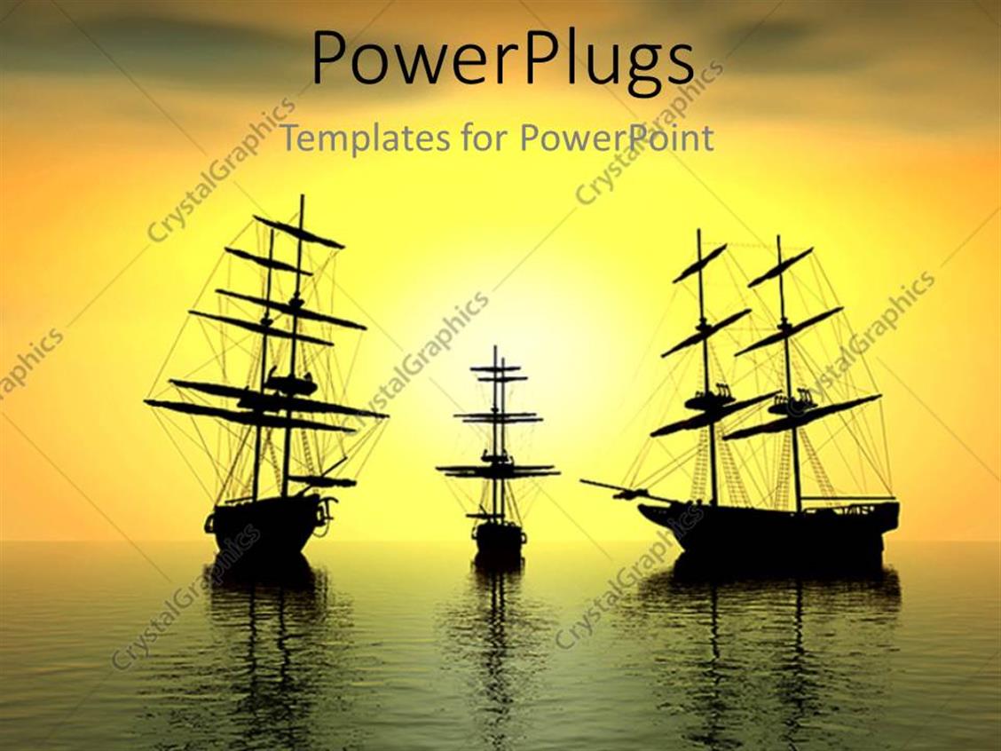 PowerPoint Template: Three ships with high sails and sunset over sea ...