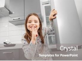 Portrait Of A Cute Girl Standing Near The Fridge In The Kitchen ...