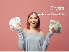 Smiling Young Woman Holding Euro PPT template 72 | CrystalGraphics