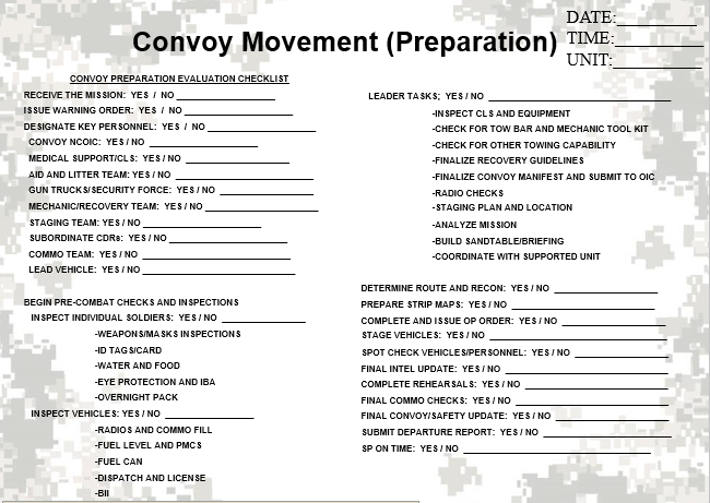 Convoy Movement Evaluation Checksheet - PowerPoint Ranger, Pre-made ...