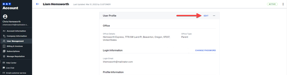 How to edit a user | Welcome to DAT One Help Center