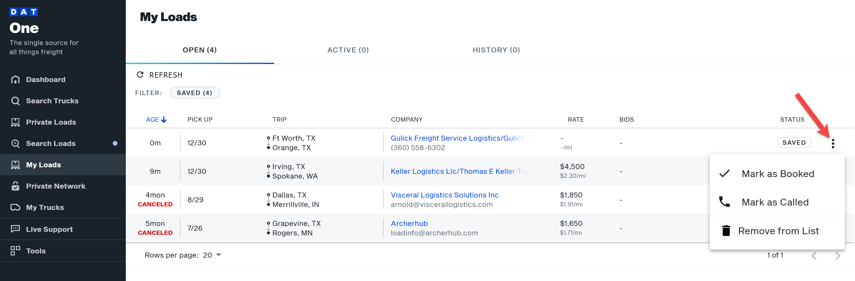 Update the status of a load | Welcome to DAT One Help Center