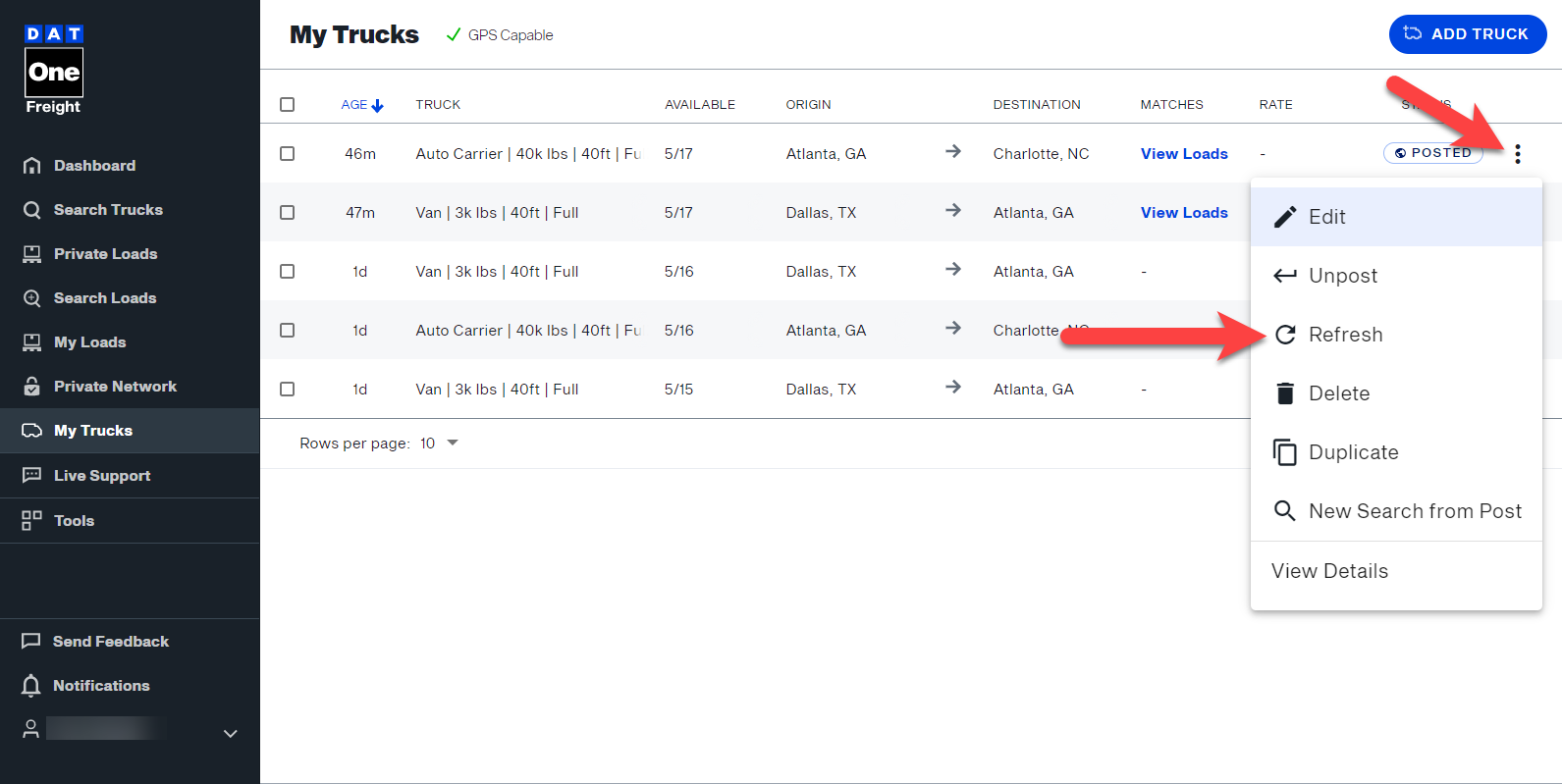 Refresh a truck posting | Welcome to DAT One Help Center
