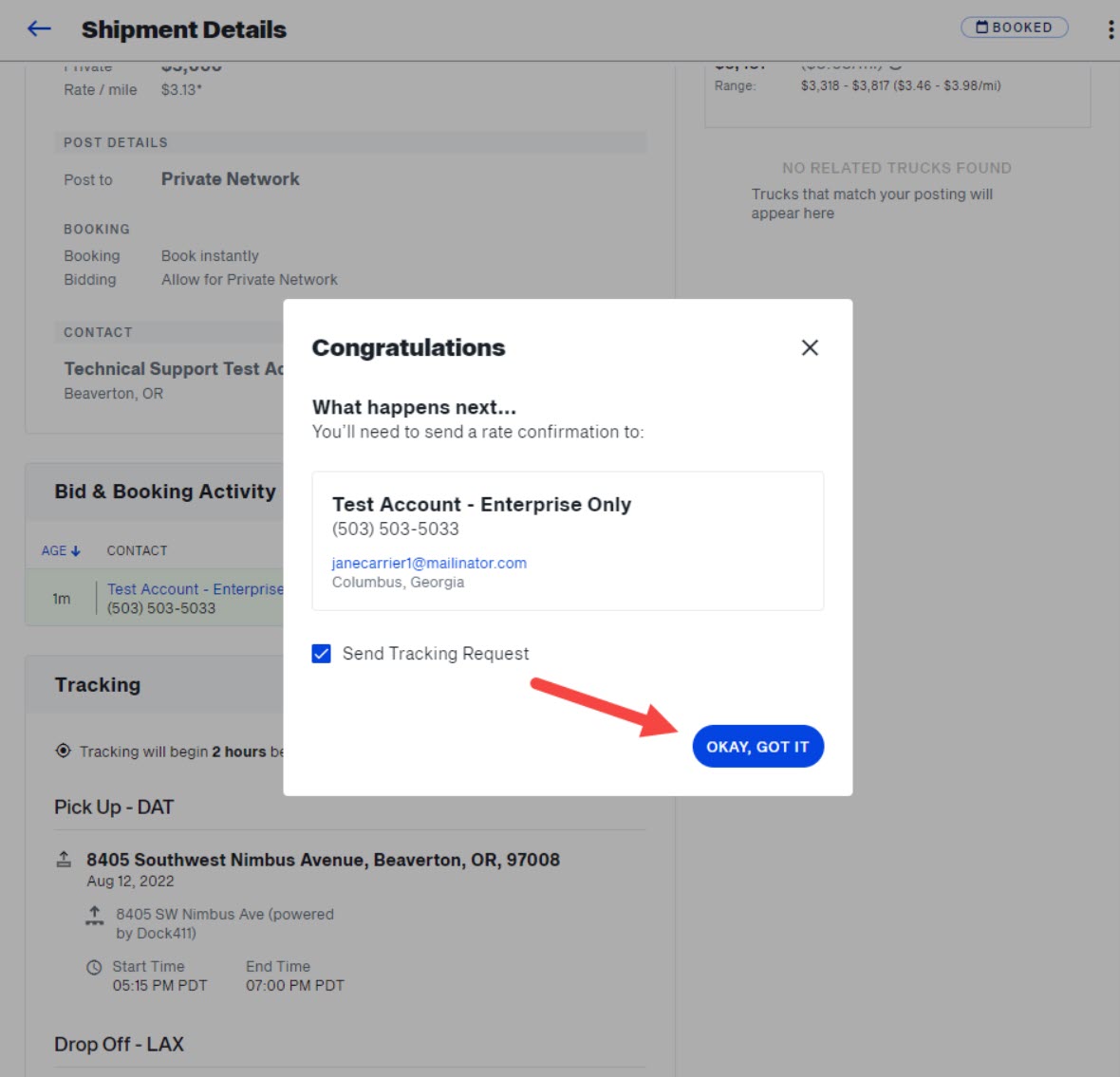 Create a shipment and tracking request | Welcome to DAT One Help Center