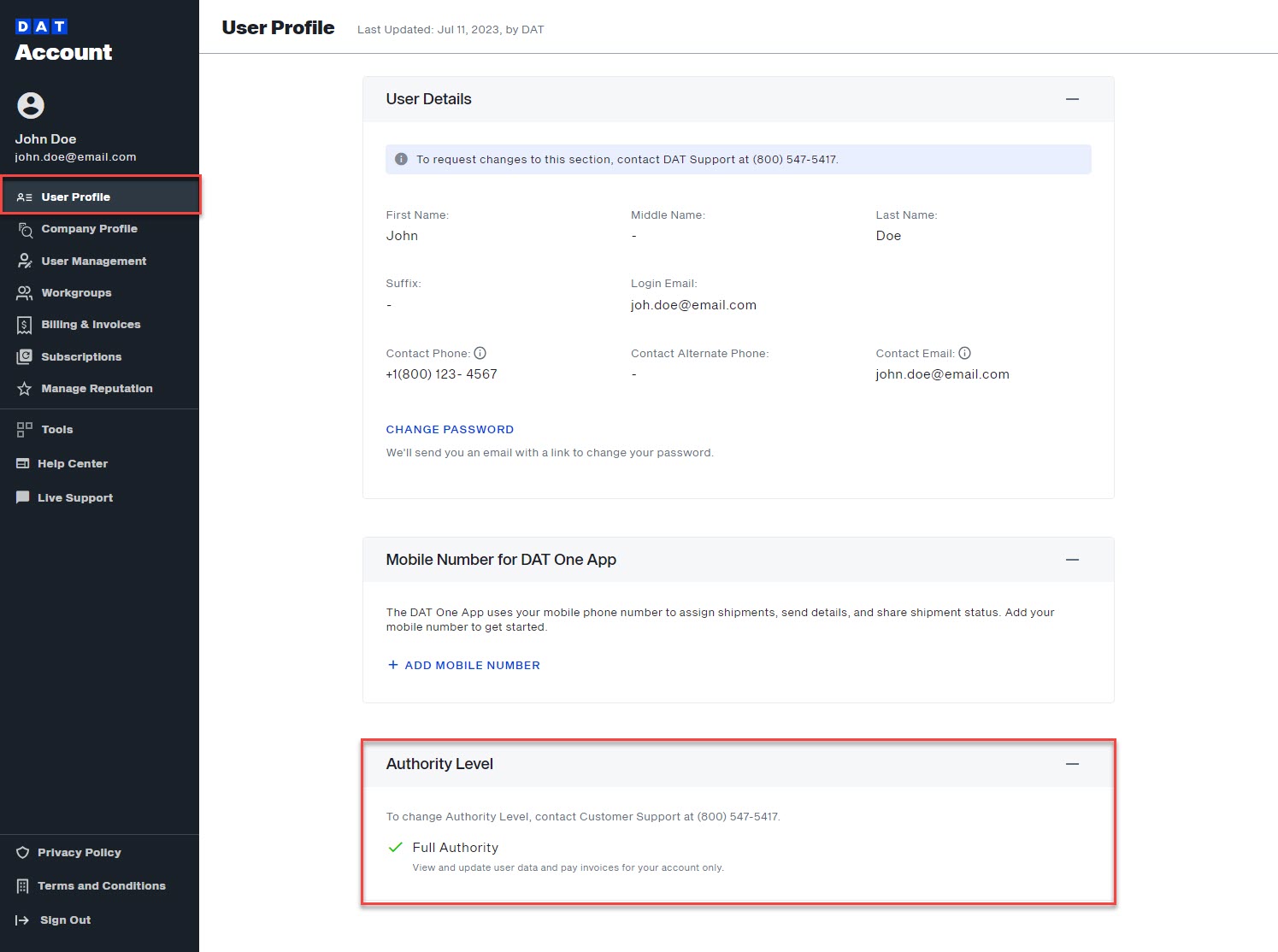 Account management | Welcome to DAT One Help Center
