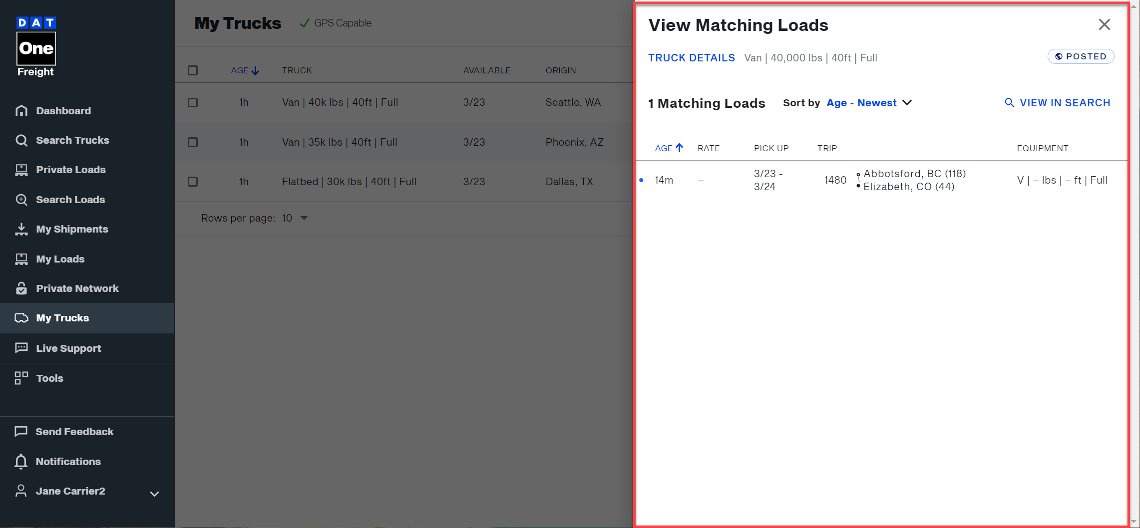 See matching loads to your truck posting | Welcome to DAT One Help Center