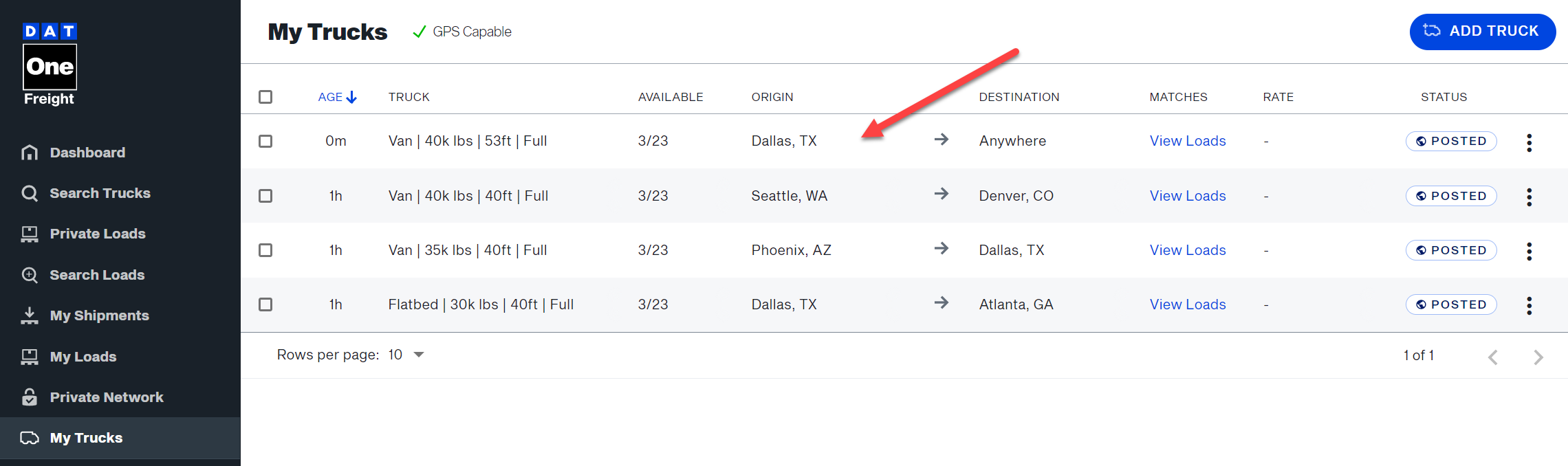 See matching loads to your truck posting | Welcome to DAT One Help Center