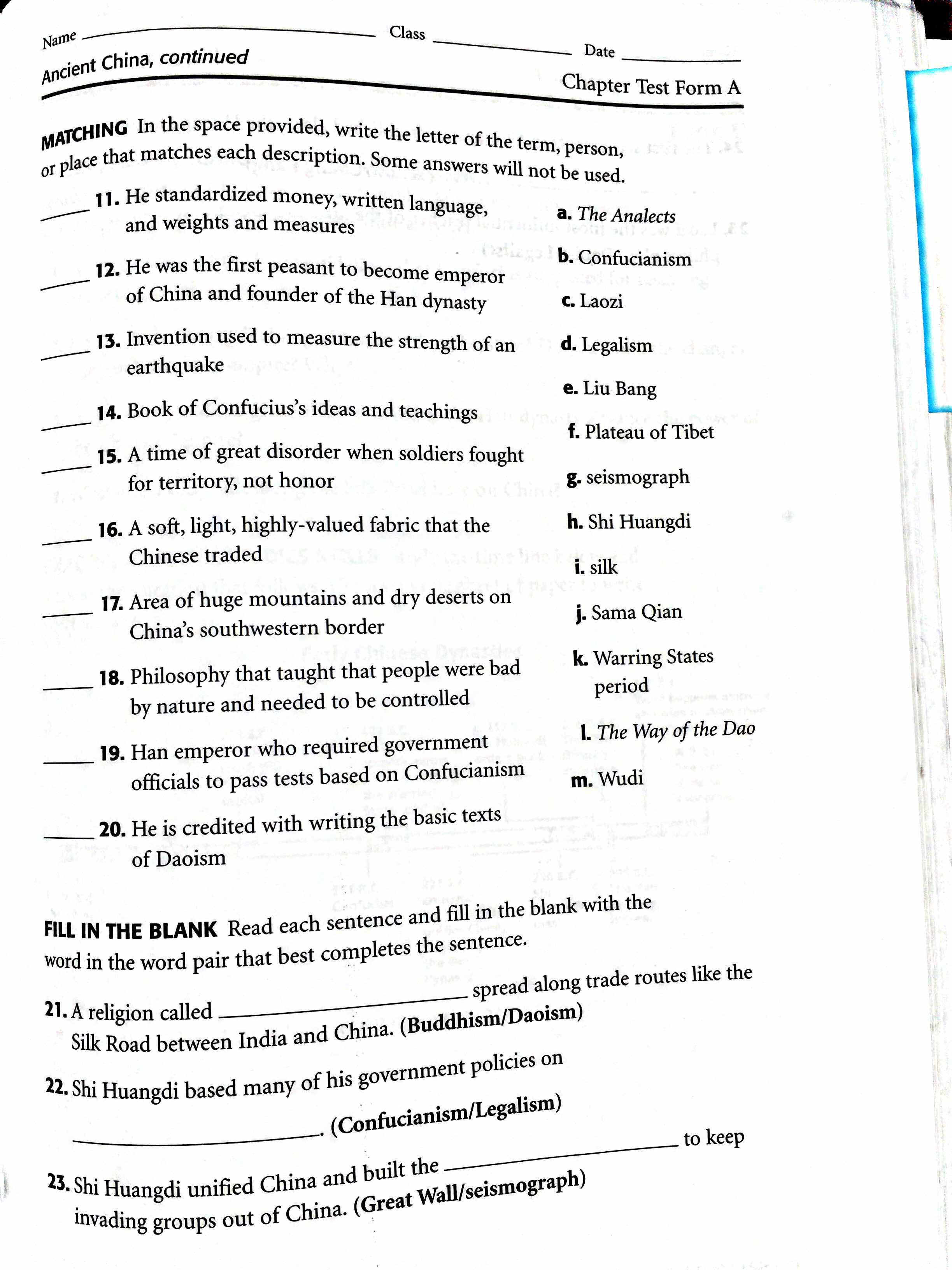 Chapter 7- Ancient China- Test Form A - Gloria Barton | Library | Formative