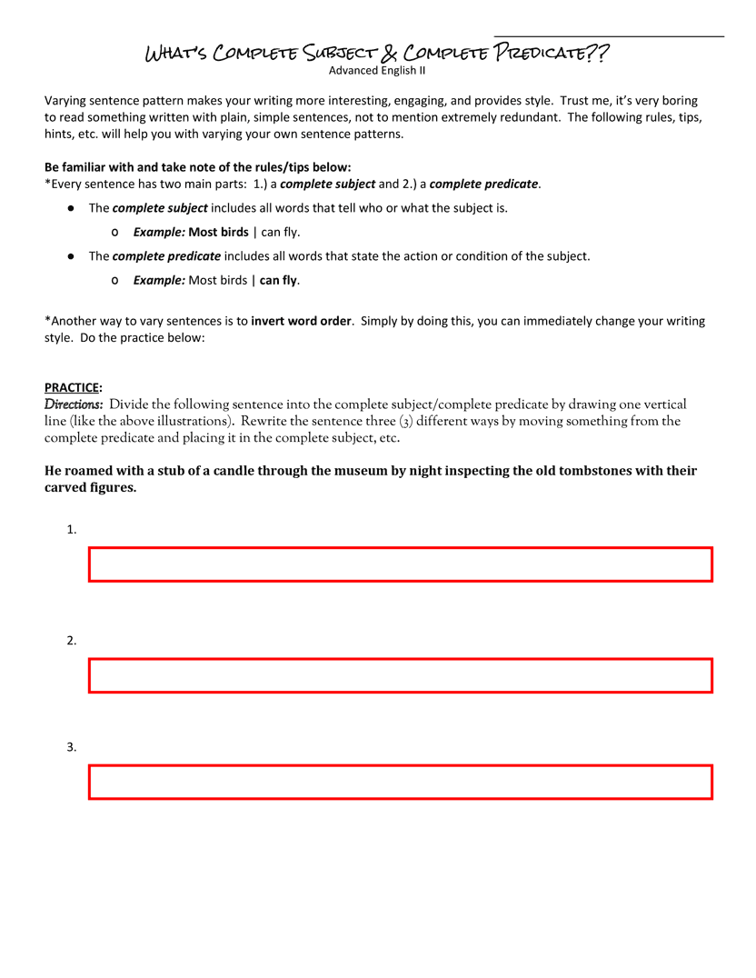 Complete Subject & Predicate Practice - Eric Bryan | Library | Formative