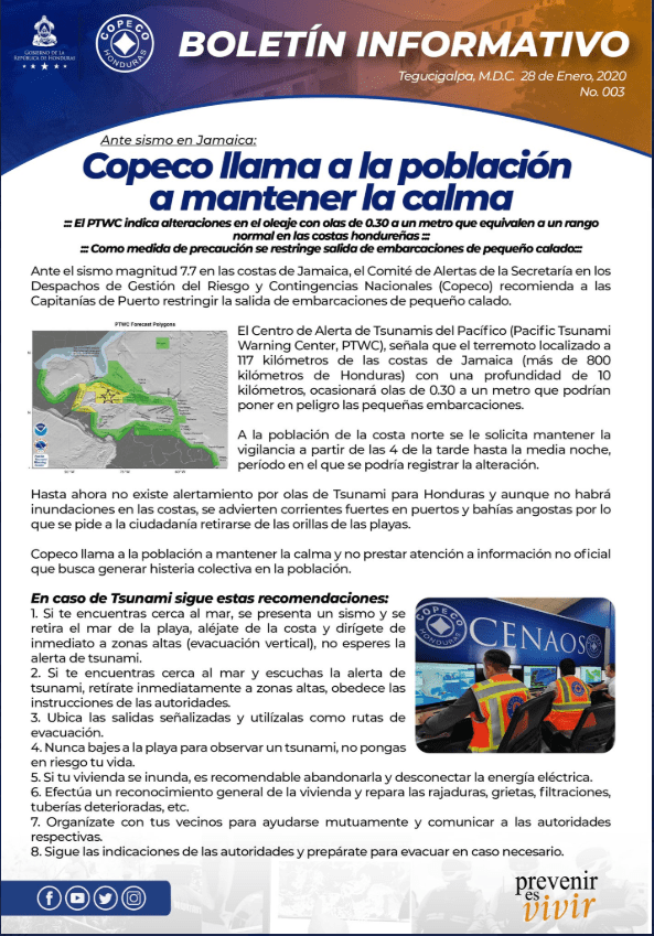 Copeco descarta alerta de tsunami para Honduras, por temblor en el Caribe