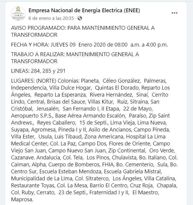 Estas serán las zonas de Honduras que estarán sin luz el jueves