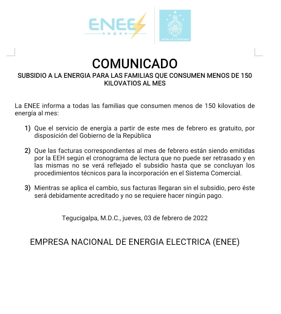 ENEE da a conocer a partir de cuándo los consumidores de menos de 150 ...