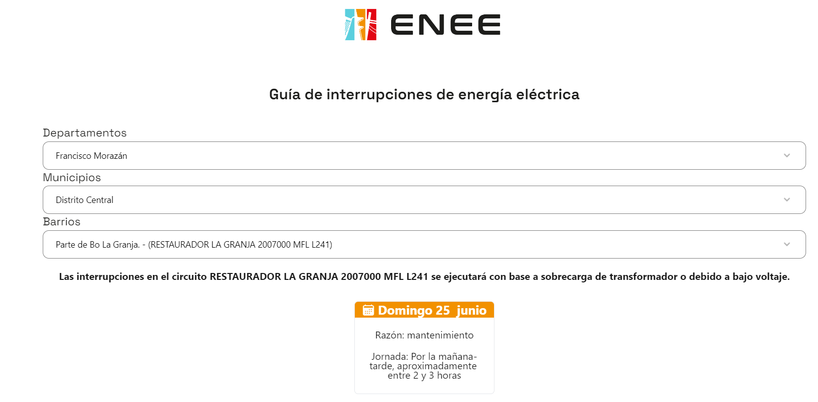 Plan de interrupciones de energía eléctrica de la ENEE para este ...