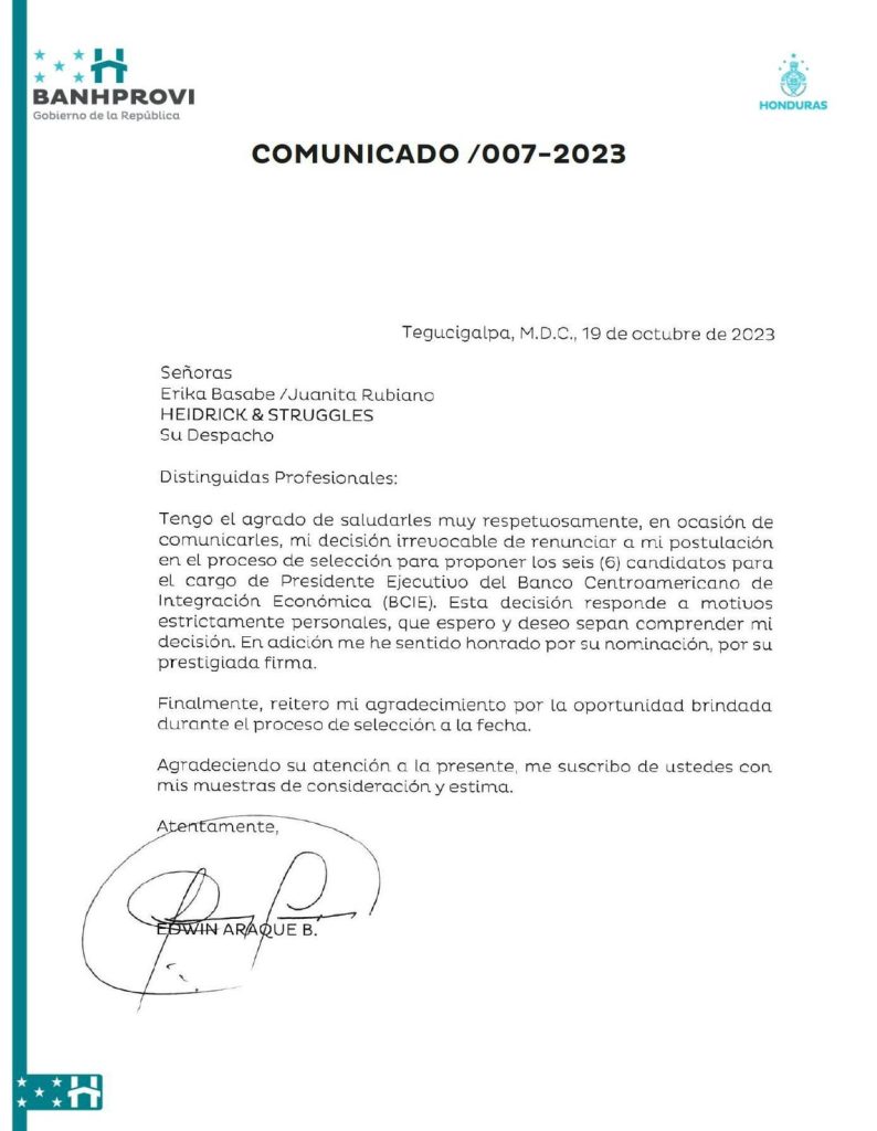 Edwin Araque declina a nominación a la presidencia del BCIE