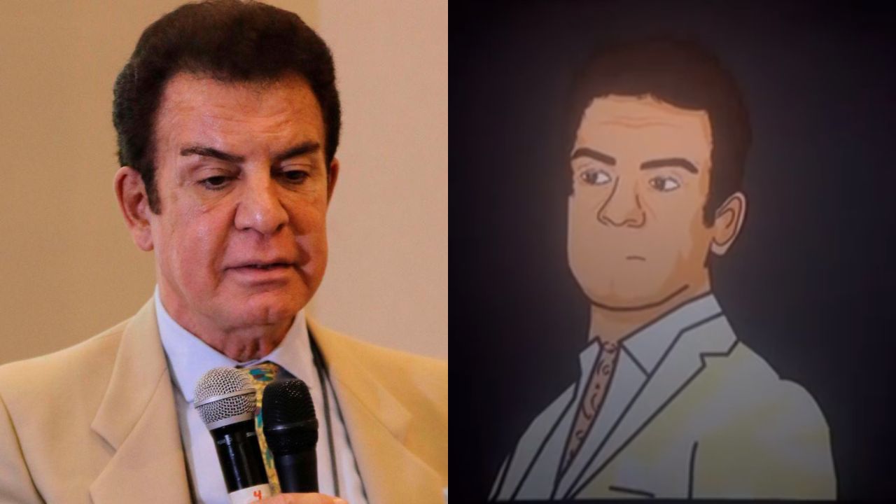 Nasralla aparece en una película de anime montado en un dinosaurio