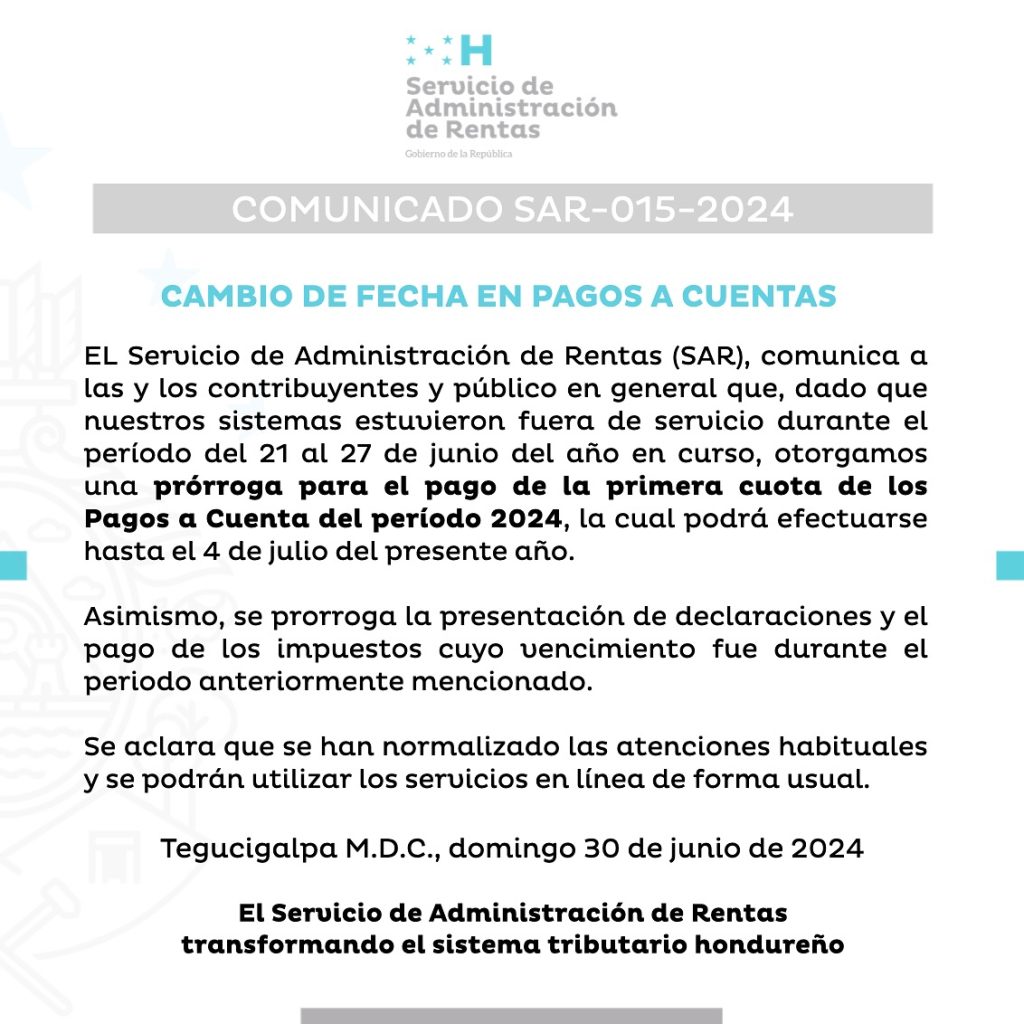 SAR amplía plazo para primer pago a cuentas del ISR