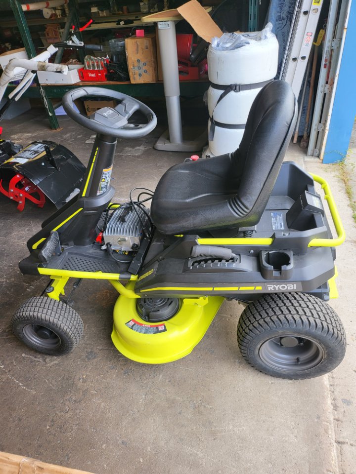 Auction 1077: Ryobi RM 300E battery operated riding mower, Aquaterra ...
