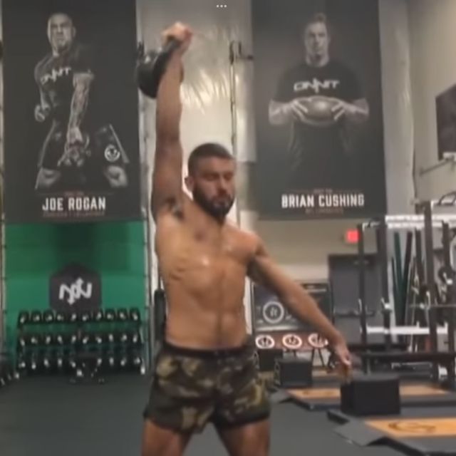 Kettlebell swing, squat press, burpee, step through, left, right by Al ...