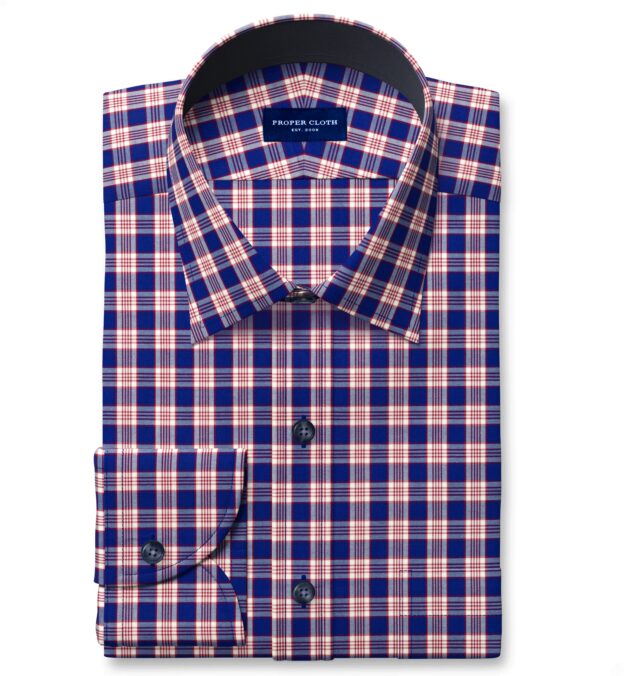 Navy and Red Cotton and Merino Multi Check Twill Fitted Shirt Shirt by ...