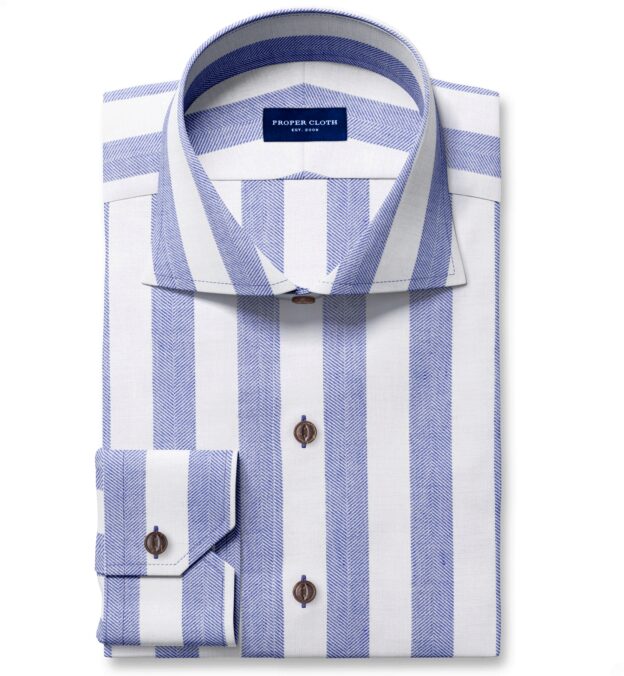 Leggiuno Blue Chevron Stripe Cotton and Linen Fitted Dress Shirt Shirt ...