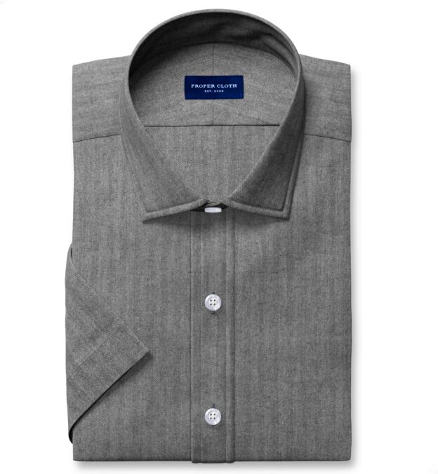 Ludlow Grey Melange Brushed Herringbone Short Sleeve ShirtShirt by ...