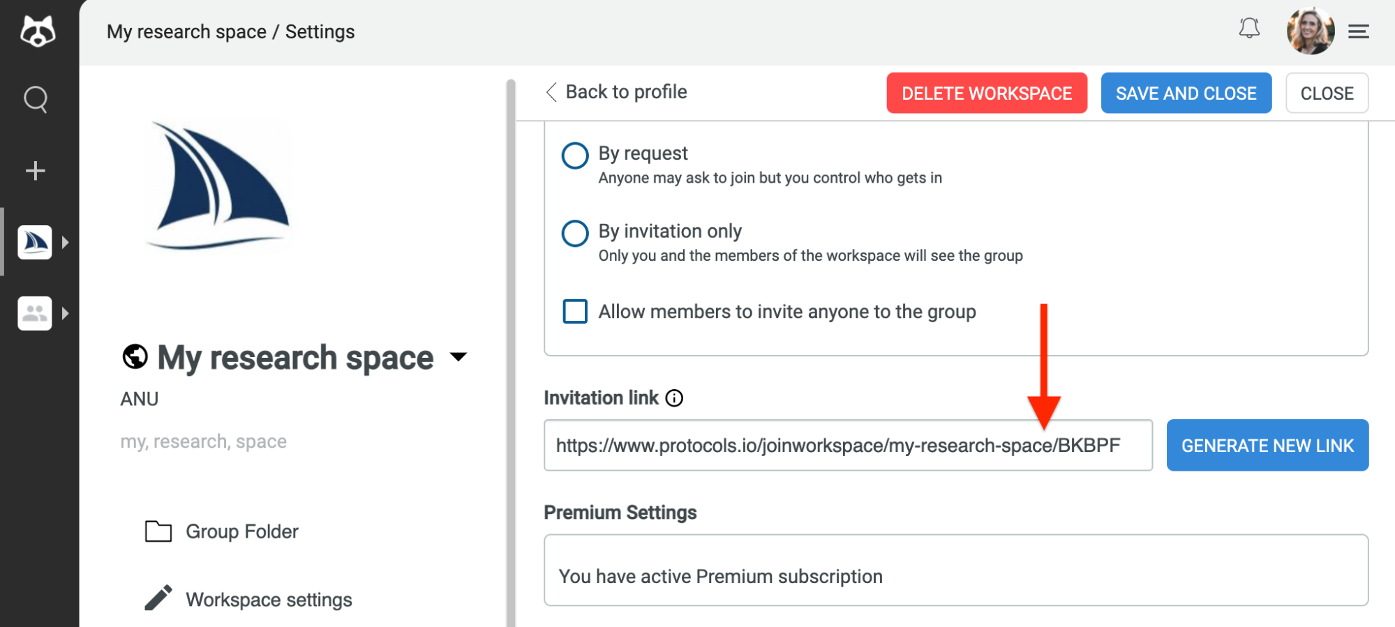 Get an invitation link for your workspace