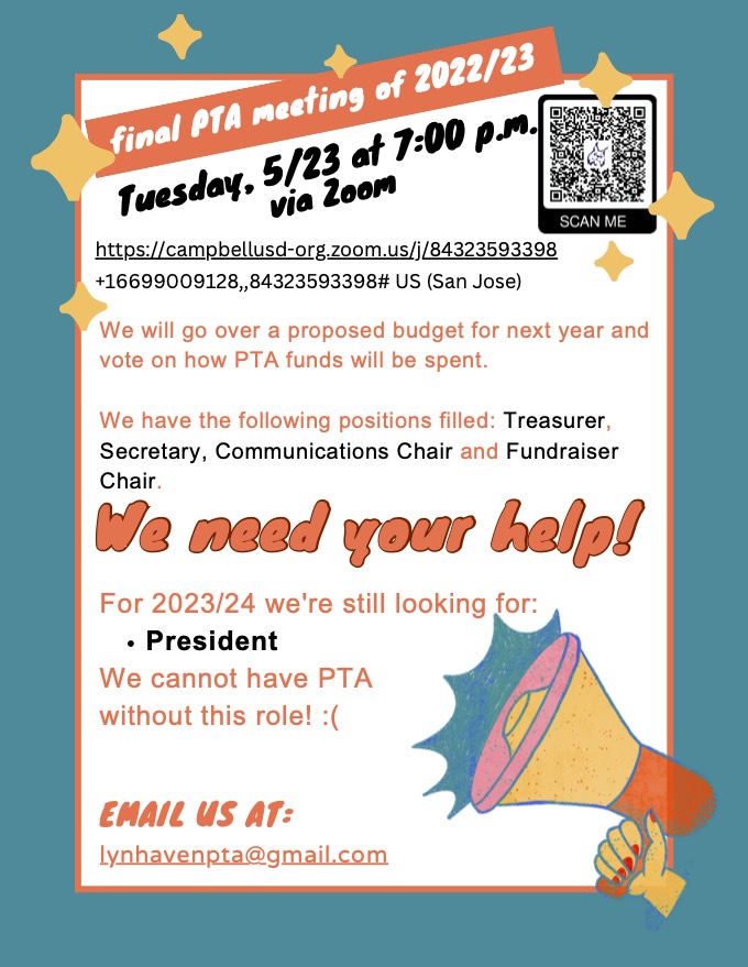 Join us for our last PTA Meeting of the Year: May 23rd, 7 p.m., on Zoom | Lynhaven Elementary School