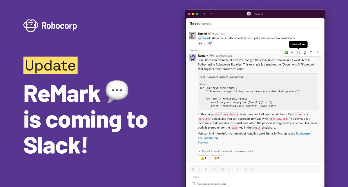 ReMark💬 AI code assistant is coming to Slack | Sema4.ai Release Notes